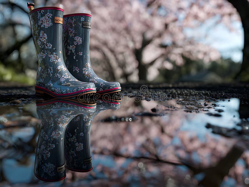 Rain Boots Reflection Spring Cherry Blossoms Puddle Photography Stock ...