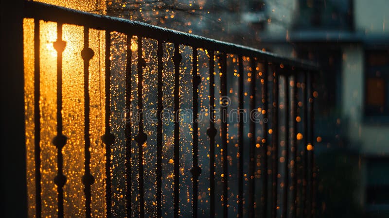 Rain Bouncing Off Balcony Railing, Dim Evening Light. Stock ...