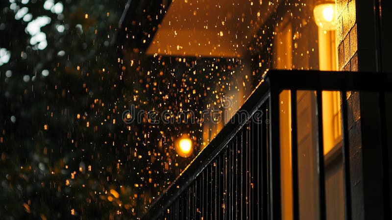 Rain Bouncing Off Balcony Railing, Dim Evening Light. Stock ...