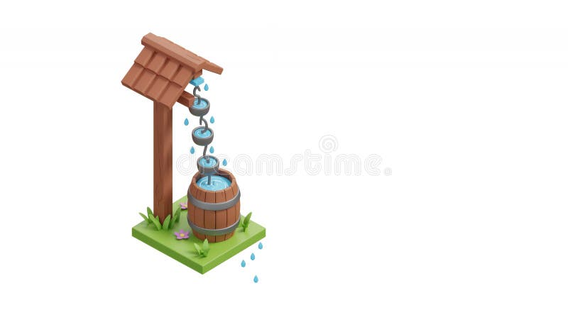 Rain Chain System 3D Render with Tiled Roof and Water Barrel on White ...