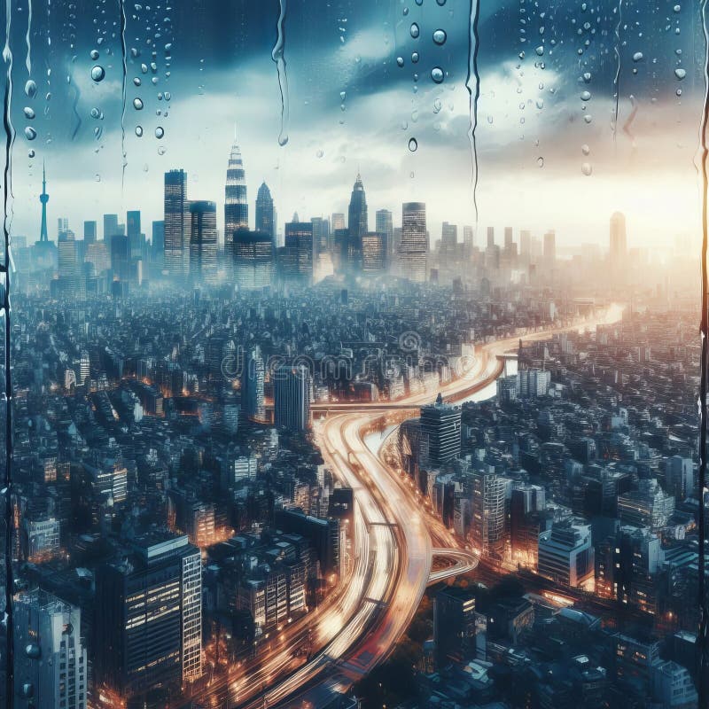 Rain and Cityscape a Window Showing a Cityscape with Rain Fallin Stock ...