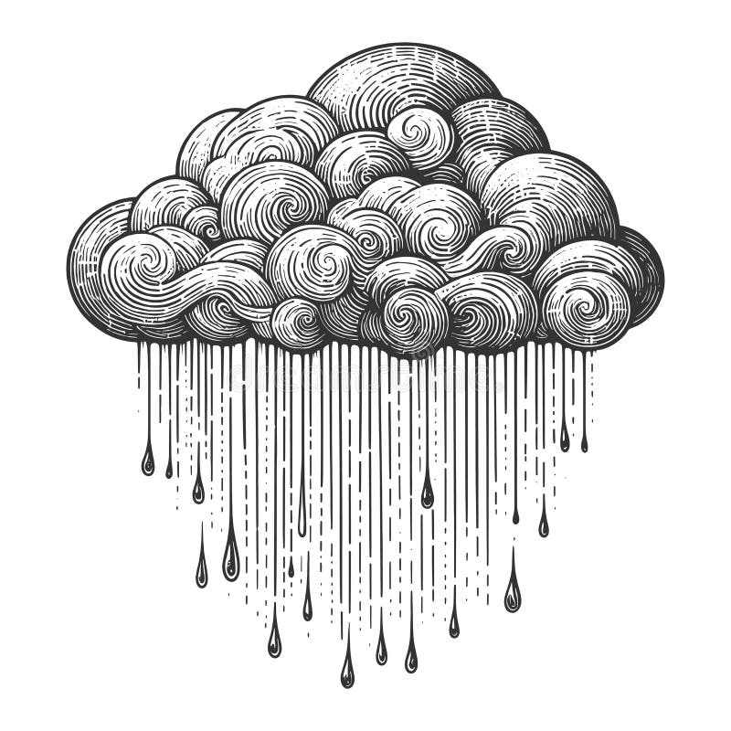 Rain Cloud Engraving Raster Illustration Stock Illustration ...