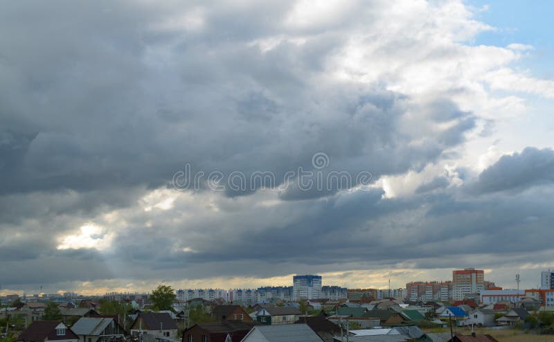 Rain Clouds Hung Over the Village and Multi-storey Buildings Stock ...