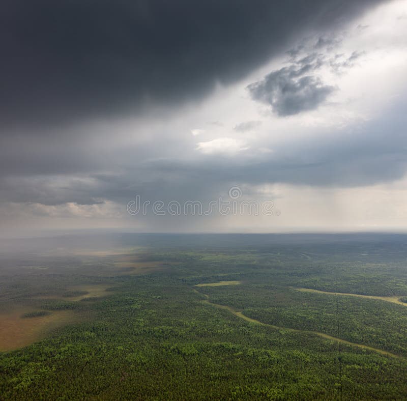 Rainy Day Above Forest Plain, Aerial View Stock Photo - Image of cold ...