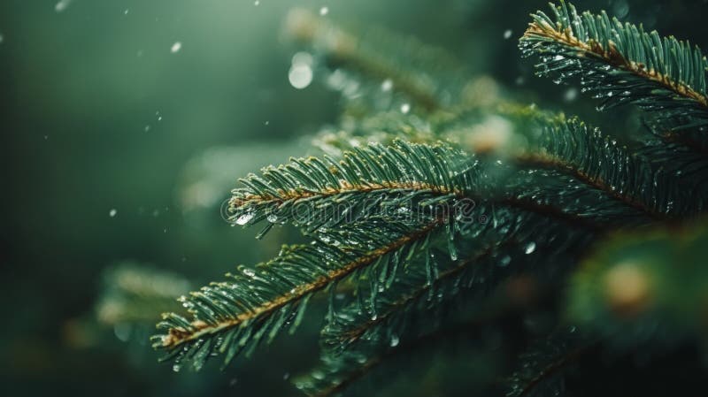 Rain Covered Evergreen Branch in Forest Stock Illustration ...