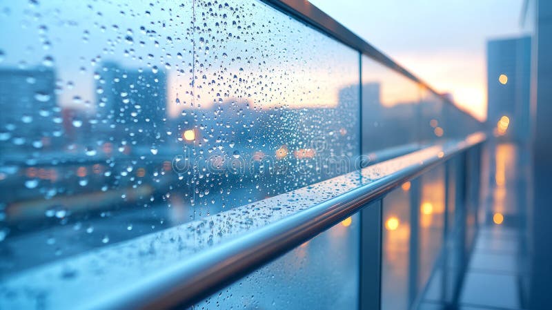 Rain-covered Glass Railing Overlooking a Cityscape. Stock Image - Image ...