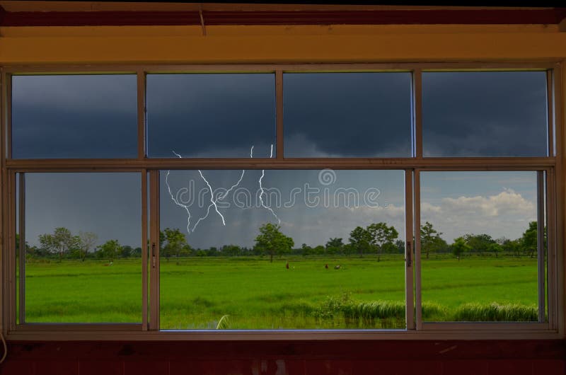 The Rain and Dangerous Lightning from Window View Stock Image - Image ...