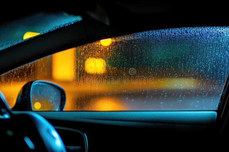 Rain-drenched Car Window at Night with Blurred Amber Lights Stock Photo ...