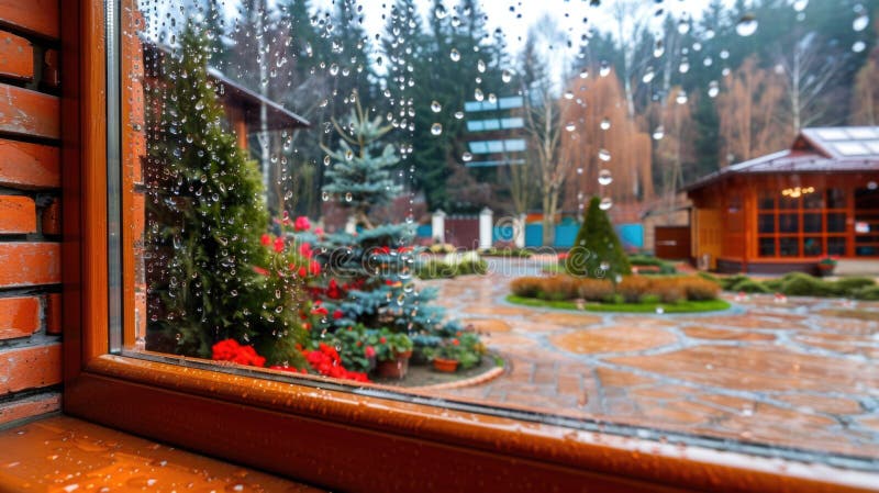 Rain-drenched Garden View through Window with Blossoms and Trees Stock ...