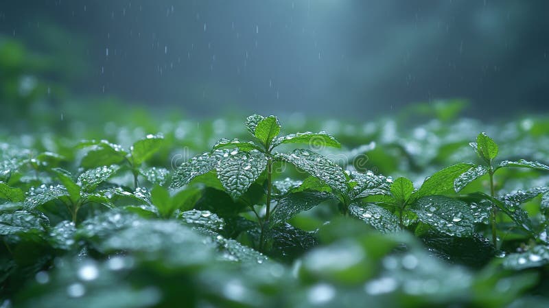 Rain-drenched Mint Plants in a Misty Forest Stock Illustration ...