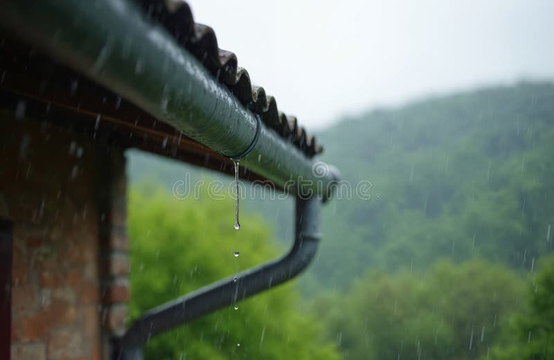 Rain Drips from Roof Gutter. Wet Eaves during Rainfall, Capturing ...