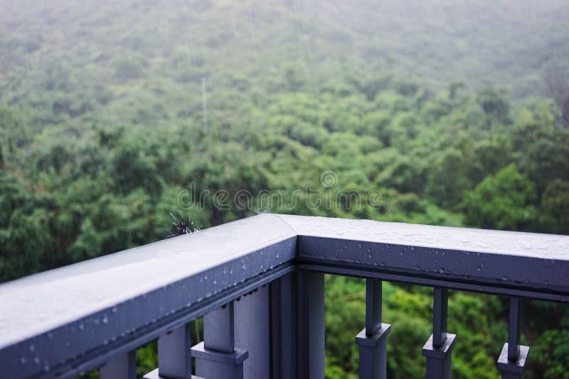 Rain Drop Hitting the Balcony Fence with the Dense Green Forest in the ...
