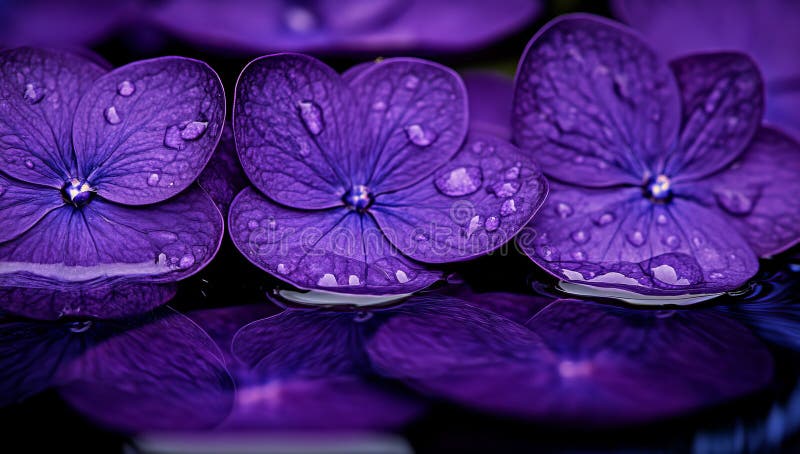 Rain Droplets Fall upon the Water, Where Purple Lilac Blossoms Gently ...