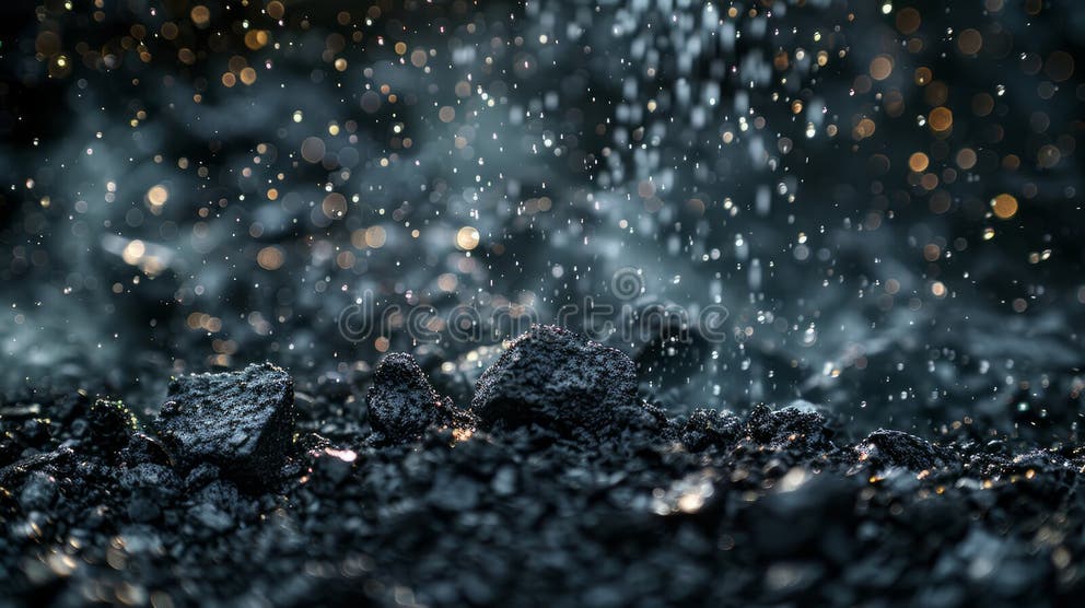 Rain Droplets Falling on Dark Ground and Rocks with Bokeh Effects Stock ...
