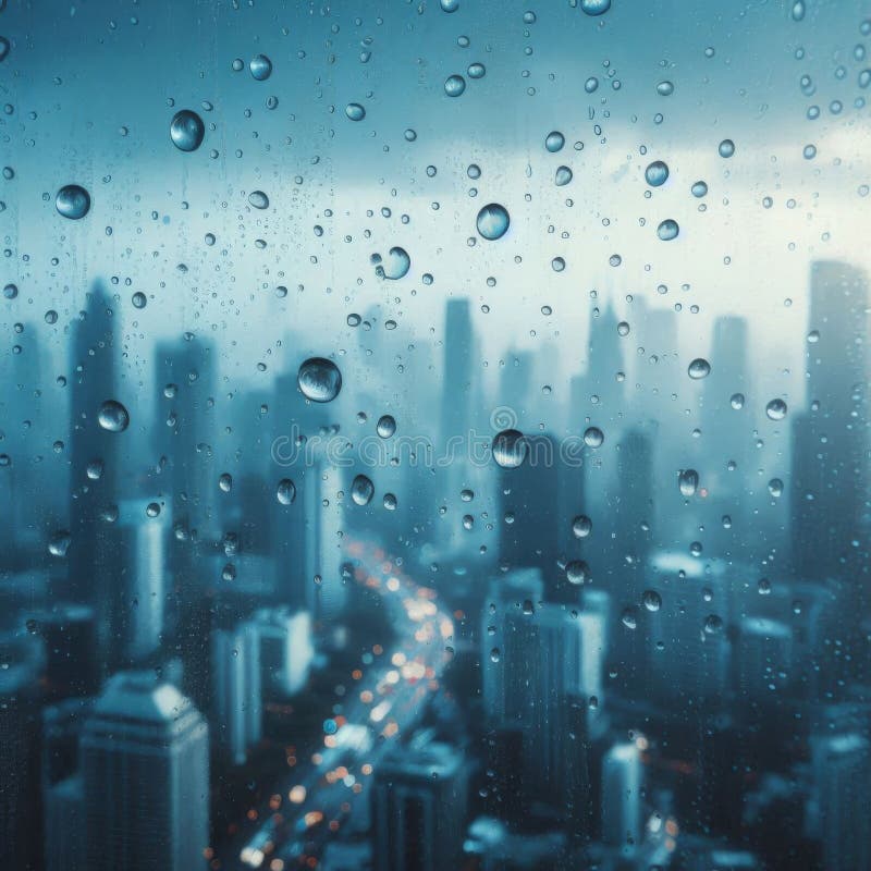 Rain Droplets on a Window with a Soft Blue Tint, Evoking a Calm Rainy ...