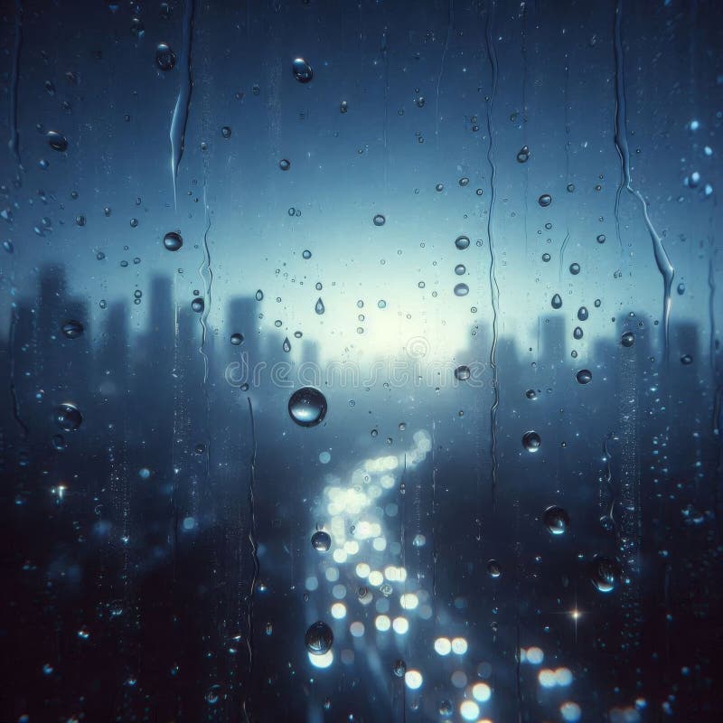 Rain Droplets on a Window with a Soft Blue Tint, Evoking a Calm Rainy ...