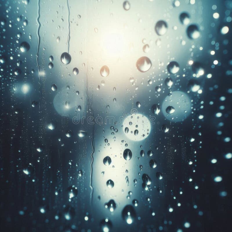 Rain Droplets on a Window with a Soft Blue Tint, Evoking a Calm Rainy ...