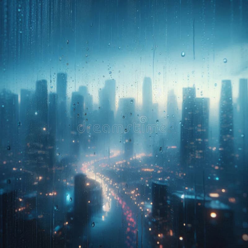 Rain Droplets on a Window with a Soft Blue Tint, Evoking a Calm Rainy ...