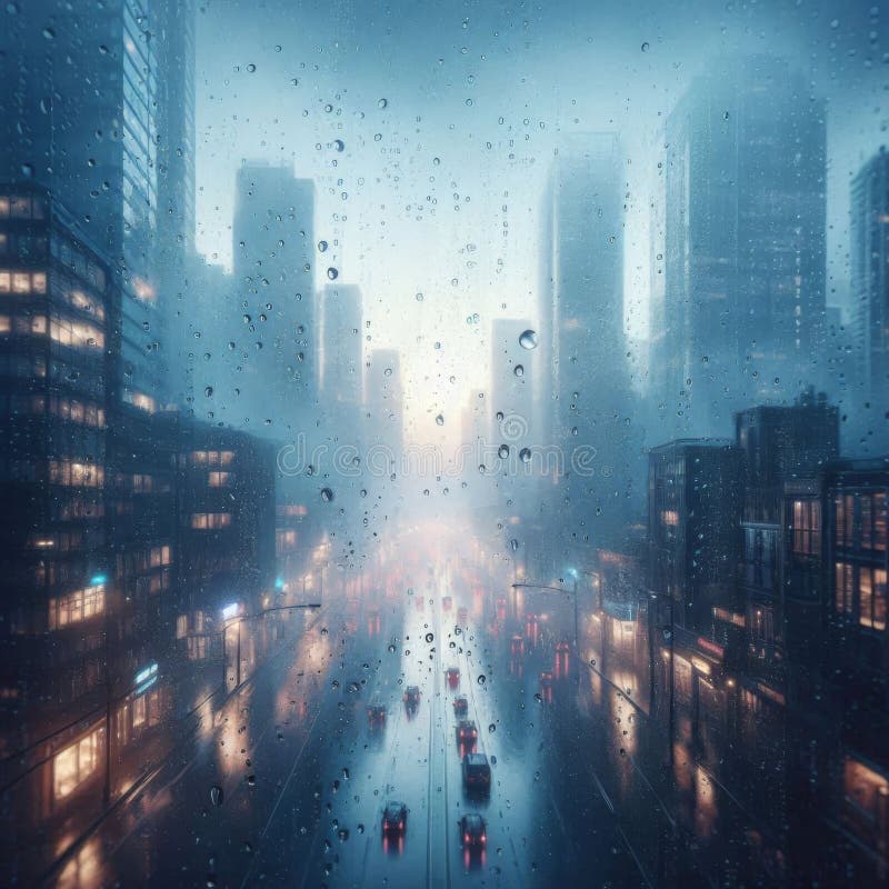 Rain Droplets on a Window with a Soft Blue Tint, Evoking a Calm Rainy ...