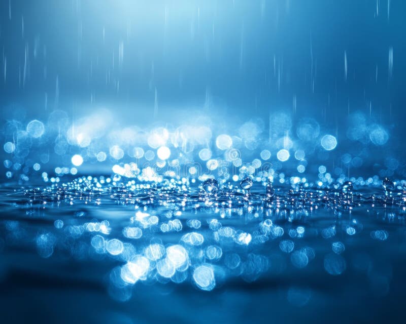 Rain Drops Background, Close Up View of Rainfall, Bokeh Effect. Blue ...