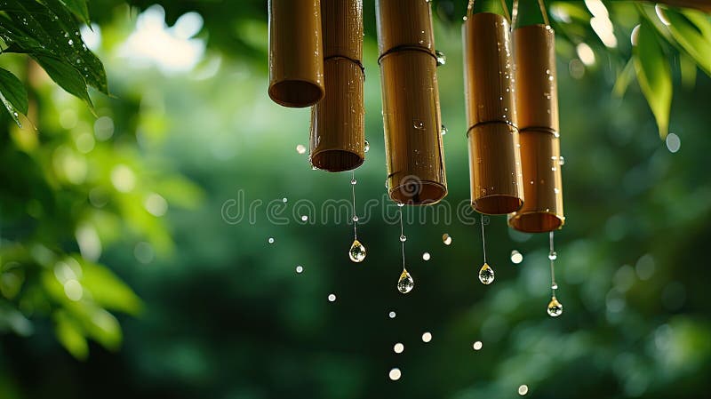 Rain Drops Falling from a Bamboo Wind Chime, Creating a Gentle Sound ...