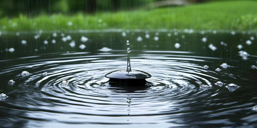 Rain Drops Falling on Still Water Creating Ripples on a Dark Stone ...