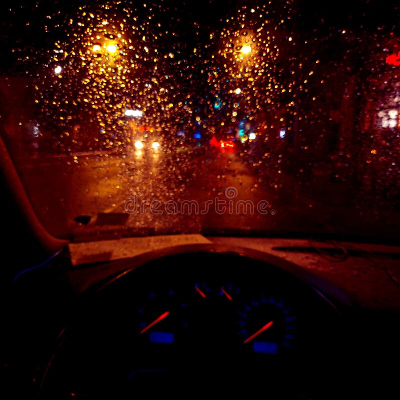 Rain Drops and Night Lights Colors on the Car Stock Image - Image of ...