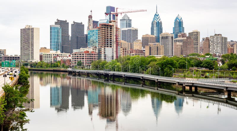 Rain Drops in a River with Reflection of Philadelphia Stock Image ...