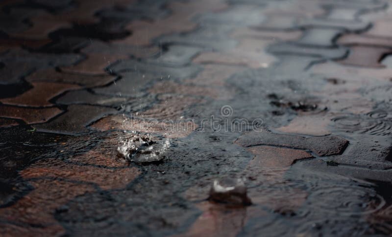 Rain Drops Splashing during Hard Rain Fall at Night. Stock Photo ...