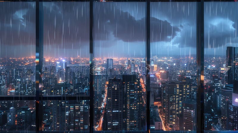 Rain Drops on Window with Cityscape at Night Stock Illustration ...