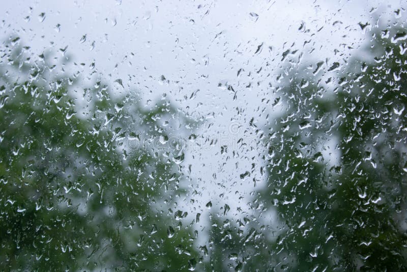 Rain Drops on Window with Green Tree in Background Stock Image - Image ...