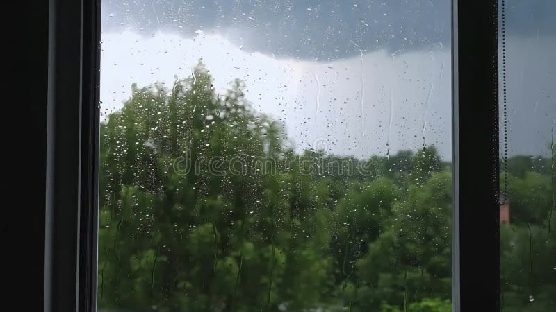 Rain Drops on Window with Green Trees and Stormy Sky Stock Video ...