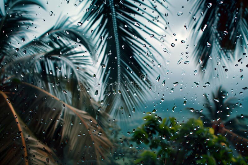 Rain Drops on the Window with Palm Trees and the Sea in the Background ...