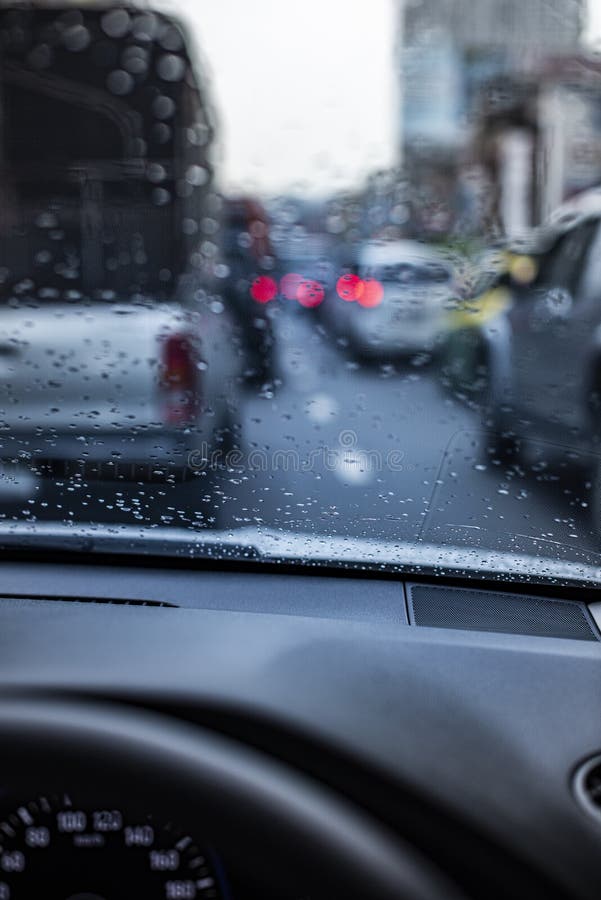 Rain Drops on the Windshield Seeing from an Interior of a Car during a ...
