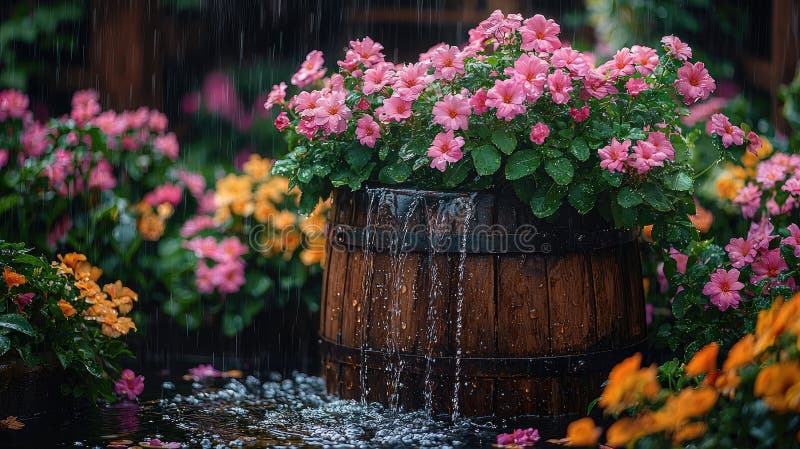 Rain Falling on a Barrel Planter Filled with Pink Flowers Stock ...