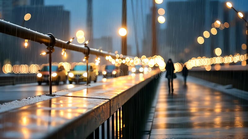 Raindrops Cascading Along Illuminated Bridge Railing, Painting Twilight ...