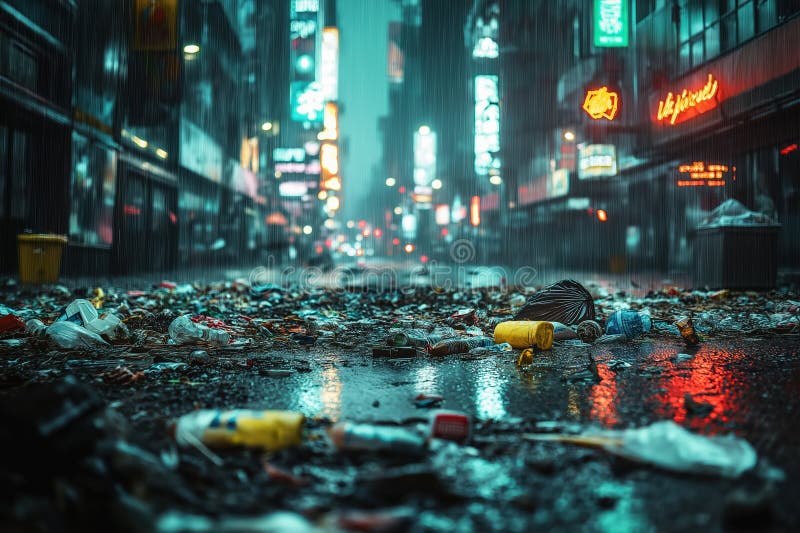 Rain Falling on City Street Covered in Trash and Garbage Stock ...