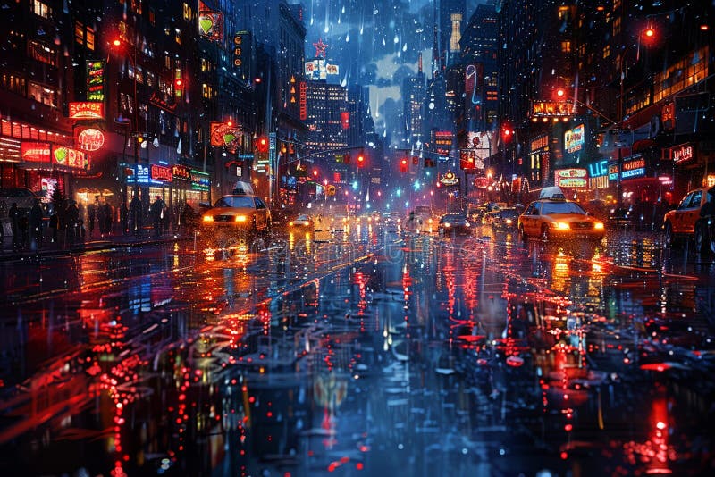 Rain Falling on a City Street at Night Stock Image - Image of nighttime ...