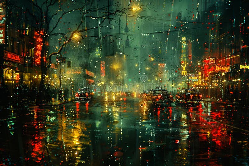 Rain Falling on a City Street at Night Stock Image - Image of shadow ...
