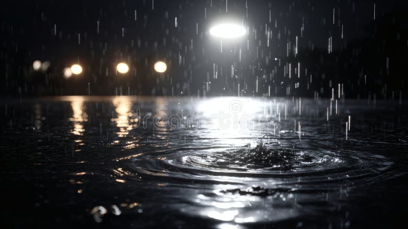 Rain Falling Creates Circular Ripples in Water at Night with City ...