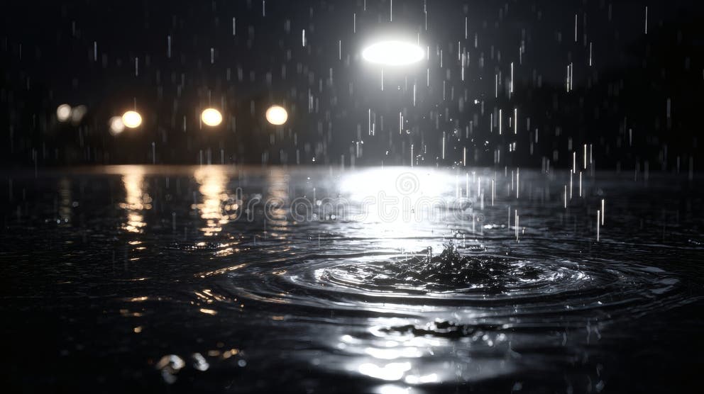 Rain Falling Creates Circular Ripples in Water at Night with City ...