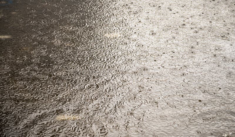 Rain Falling and Creating Patterns on Water on the Ground Stock Photo ...
