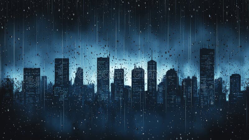 Rain Falling on Dark City Skyline at Night Stock Image - Image of ...