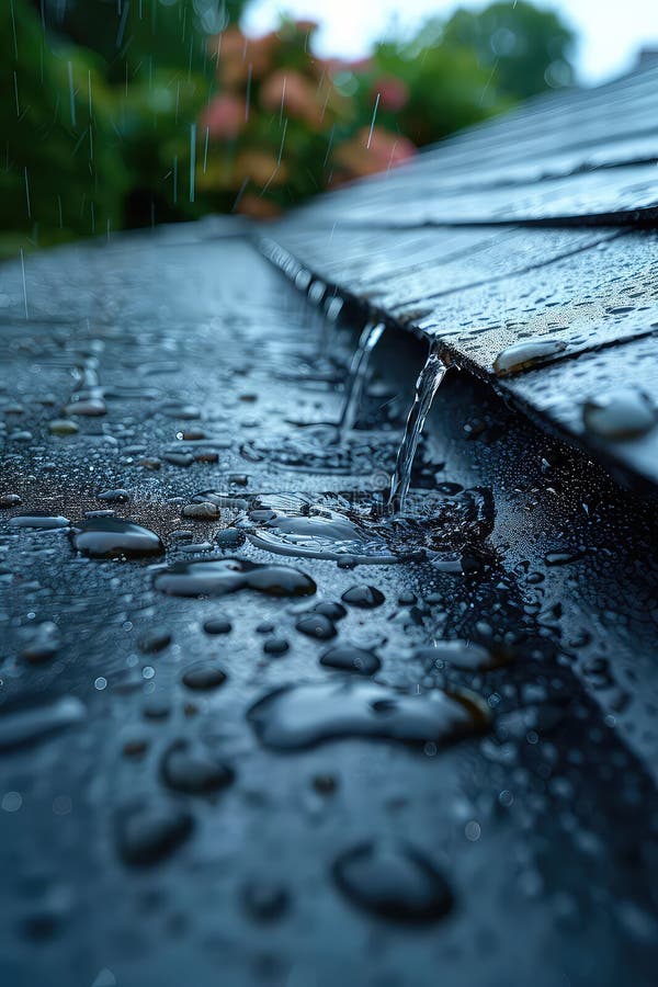 Rain Falling Down the Edge of the Roof and Flowing Down Onto the ...