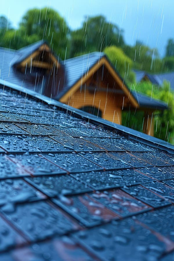 Rain Falling Down the Edge of the Roof and Flowing Down Onto the ...