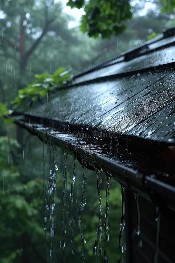 Rain Falling Down the Edge of the Roof and Flowing Down Onto the ...