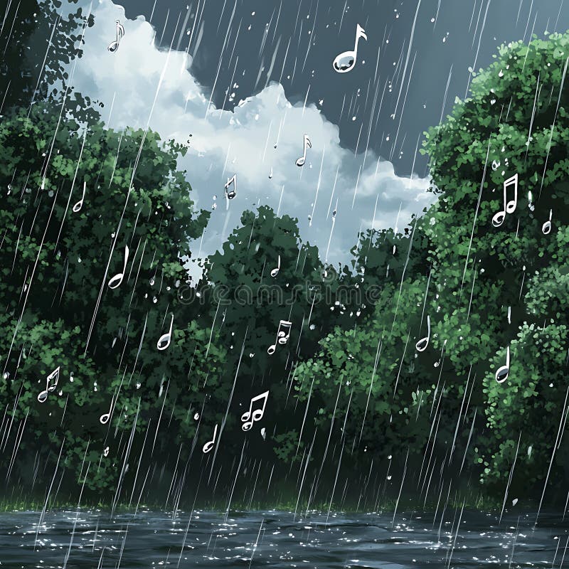 Rain Falling on a Forest Lake with Musical Notes Stock Illustration ...