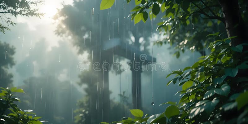 Rain Falling in Forest with Lush Greenery and Misty Background Stock ...