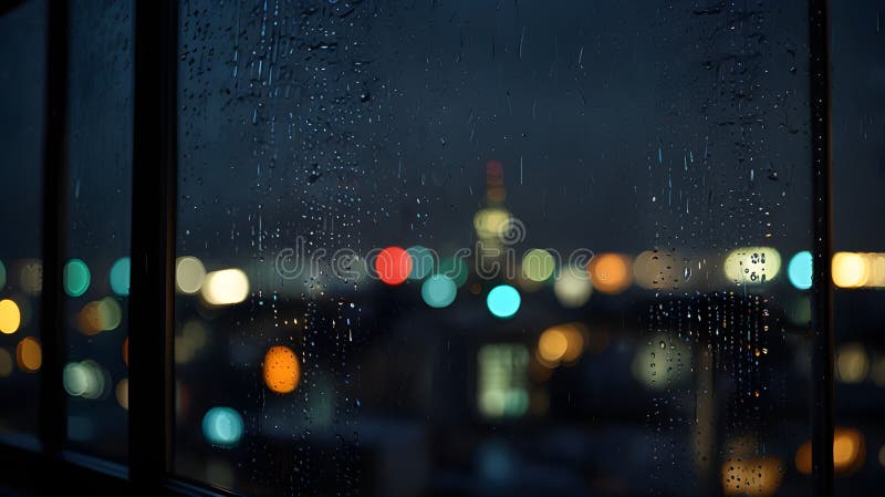 Rain Falling on a Glass Window and Blurred City Lights Visible in the ...