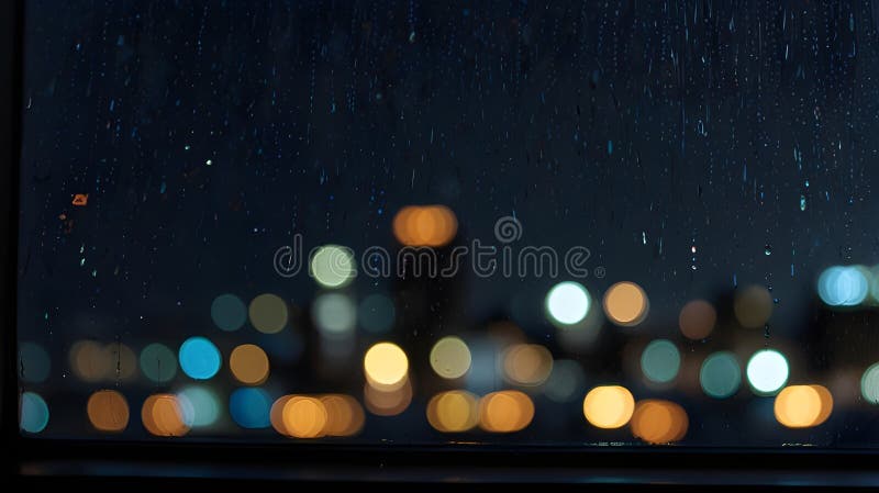 Rain Falling on a Glass Window and Blurred City Lights Visible in the ...